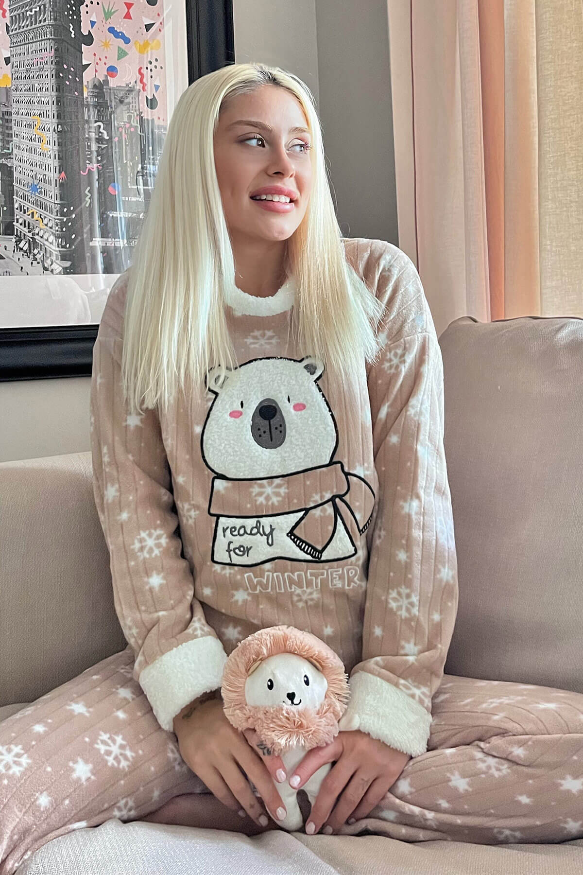 Acı Kahve Ready Bear Desenli Peluş Polar Pijama Takımı Peluş Pijama ...