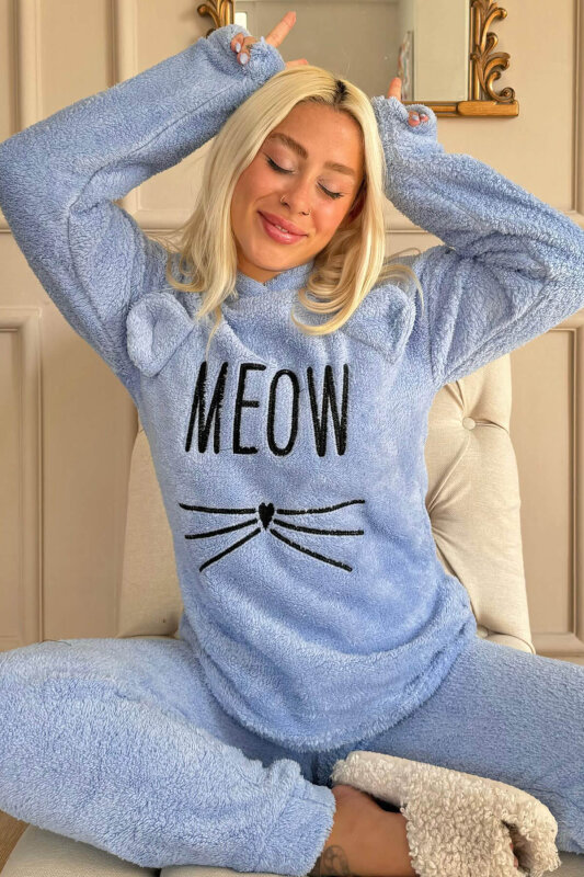 Bebe Mavisi Meow Desenli Tam Peluş Pijama Takımı Peluş Pijama Takımı ...