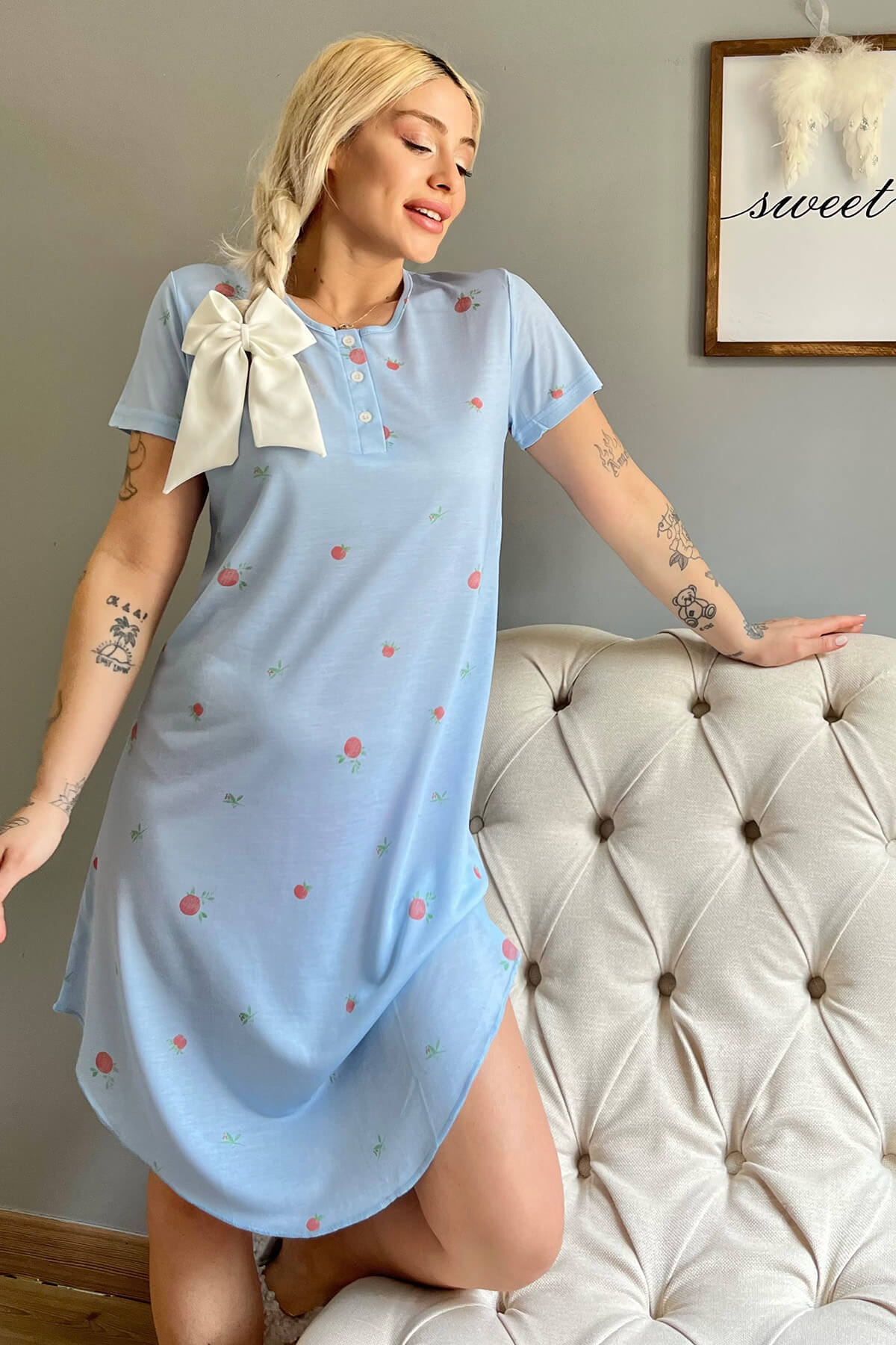 Mavi Orange Desenli Kısa Kol Kadın Gecelik Gecelik Pijamaevi