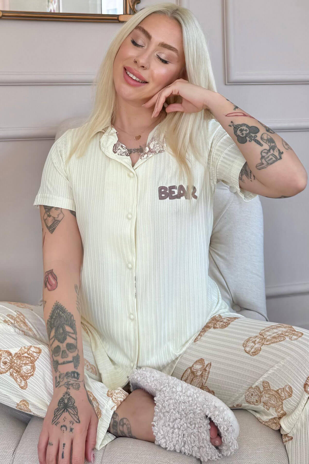 Sarı Bear Desenli Zincir Önden Düğmeli Kısa Kol Kadın Pijama Önden ...